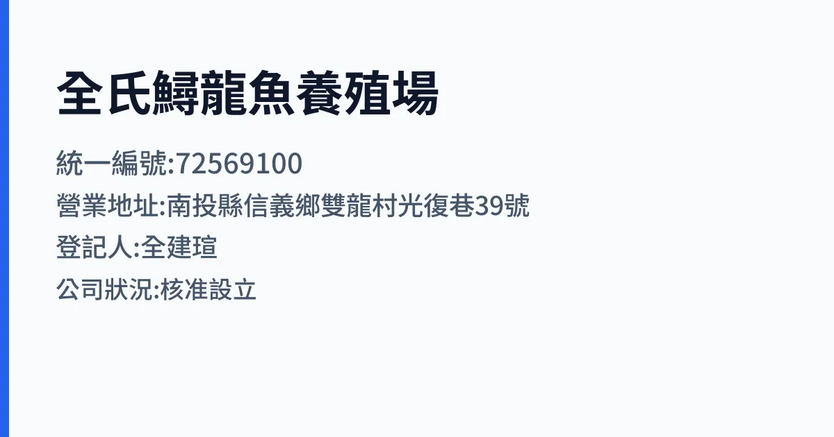 全氏鱘龍魚養殖場 - 統編 72569100(南投縣) 公司登記資料與營業項目詳細圖表