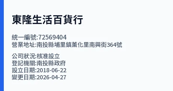 東隆生活百貨行的照片-統編 72569404(南投縣) 公司登記資料與營業項目詳細圖表