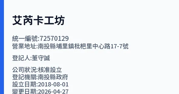 艾芮卡工坊的照片-統編 72570129(南投縣) 公司登記資料與營業項目詳細圖表