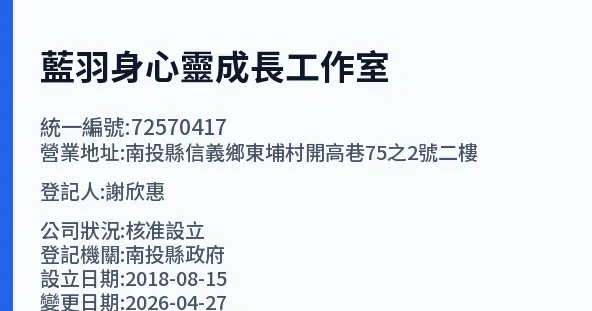 藍羽身心靈成長工作室的照片-統編 72570417(南投縣) 公司登記資料與營業項目詳細圖表
