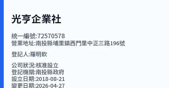 光亨企業社的照片-統編 72570578(南投縣) 公司登記資料與營業項目詳細圖表