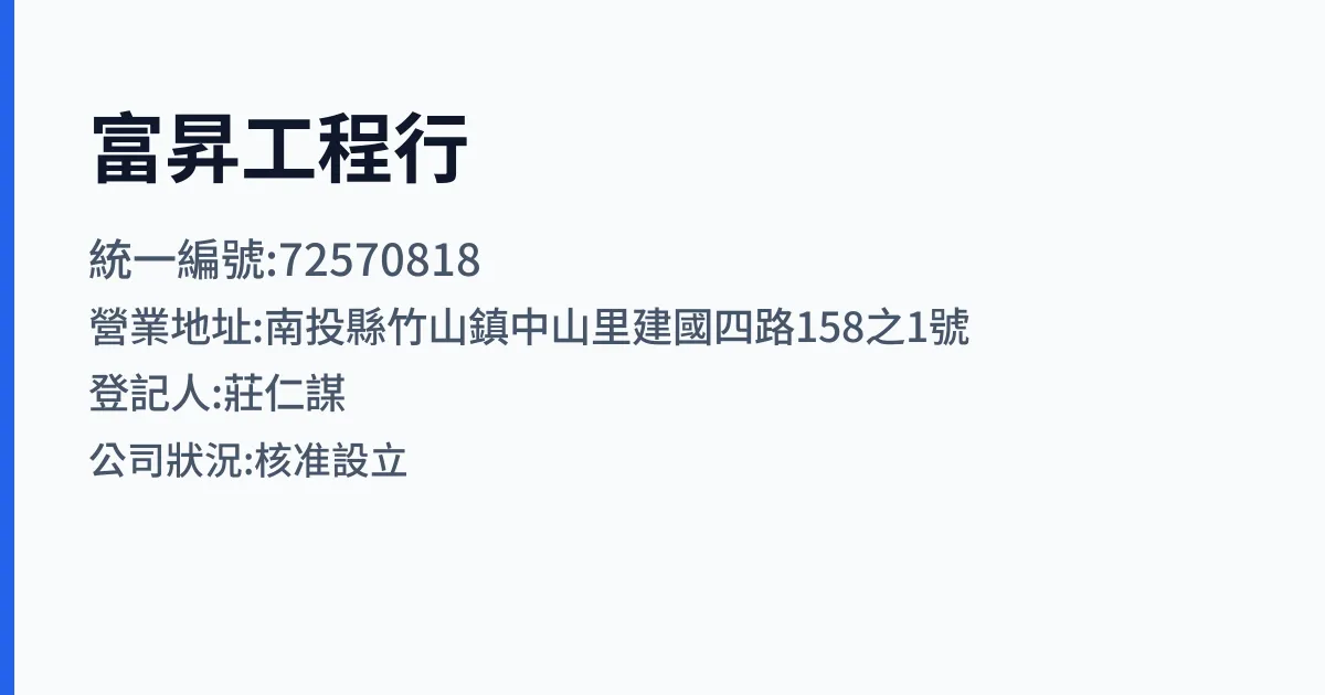 富昇工程行 - 統編 72570818（南投縣） 公司登記資料與營業項目詳細圖表