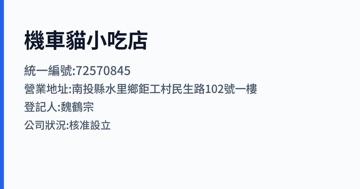 機車貓小吃店 - 統編 72570845（南投縣） 公司登記資料與營業項目詳細圖表