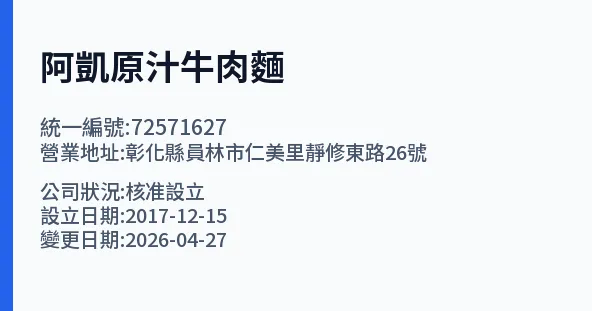 阿凱原汁牛肉麵的照片-統編 72571627(彰化縣) 公司登記資料與營業項目詳細圖表