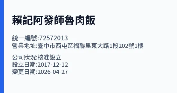 賴記阿發師魯肉飯的照片-統編 72572013(臺中市) 公司登記資料與營業項目詳細圖表