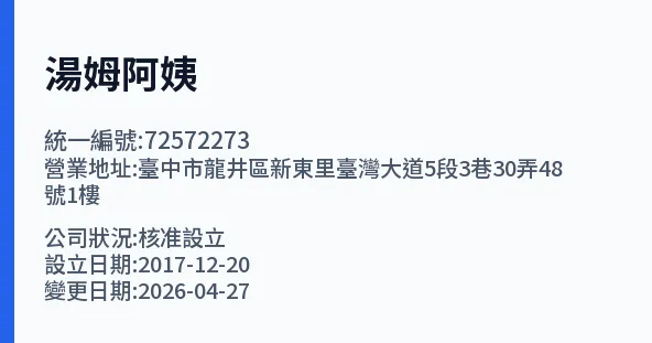 湯姆阿姨的照片-統編 72572273(臺中市) 公司登記資料與營業項目詳細圖表