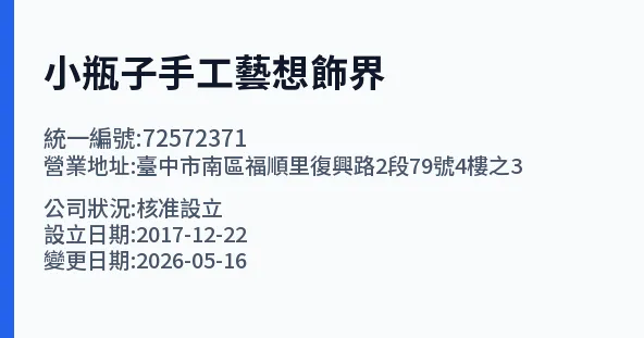 小瓶子手工藝想飾界的照片-統編 72572371(臺中市) 公司登記資料與營業項目詳細圖表