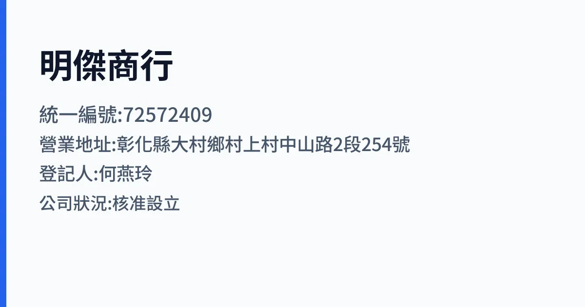 明傑商行 - 統編 72572409(彰化縣) 公司登記資料與營業項目詳細圖表