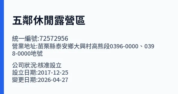 五鄰休閒露營區的照片-統編 72572956(苗栗縣) 公司登記資料與營業項目詳細圖表