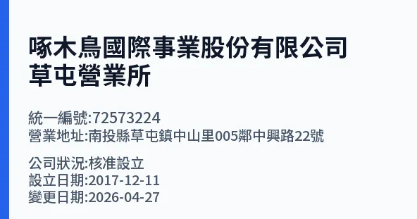 啄木鳥國際事業股份有限公司草屯營業所的照片-統編 72573224(南投縣) 公司登記資料與營業項目詳細圖表