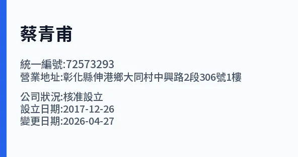 蔡青甫的照片-統編 72573293(彰化縣) 公司登記資料與營業項目詳細圖表