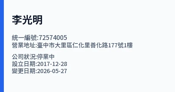 李光明的照片-統編 72574005(臺中市) 公司登記資料與營業項目詳細圖表