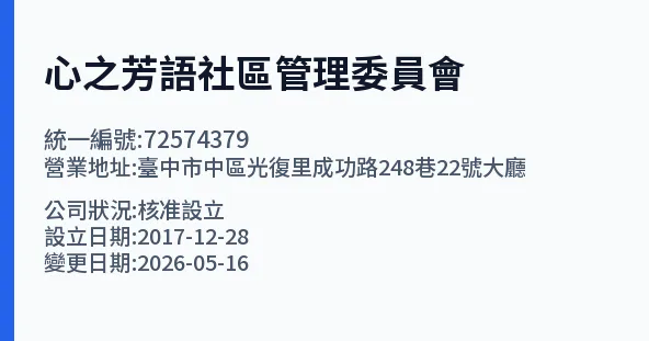 心之芳語社區管理委員會的照片-統編 72574379(臺中市) 公司登記資料與營業項目詳細圖表