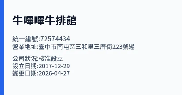 牛嗶嗶牛排館的照片-統編 72574434(臺中市) 公司登記資料與營業項目詳細圖表