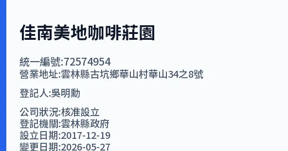 佳南美地咖啡莊園的照片-統編 72574954(雲林縣) 公司登記資料與營業項目詳細圖表