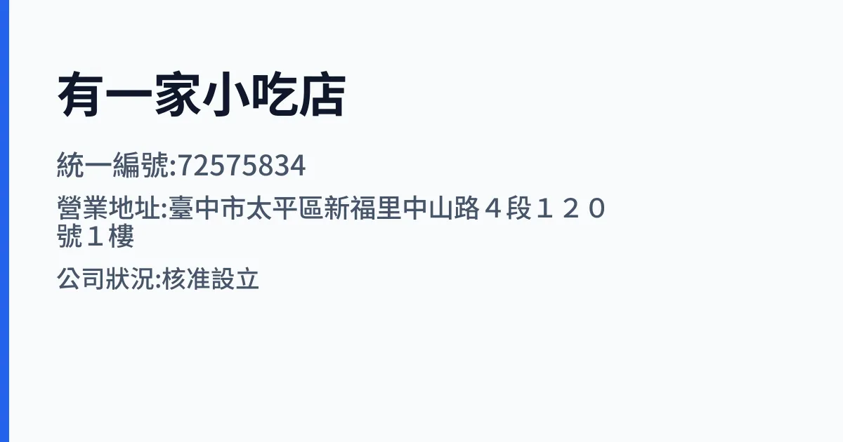 有一家小吃店 - 統編 72575834(臺中市) 公司登記資料與營業項目詳細圖表