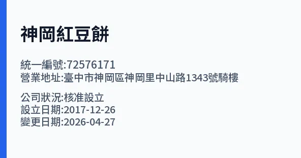 神岡紅豆餅的照片-統編 72576171(臺中市) 公司登記資料與營業項目詳細圖表