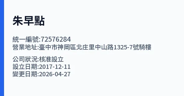朱早點的照片-統編 72576284(臺中市) 公司登記資料與營業項目詳細圖表