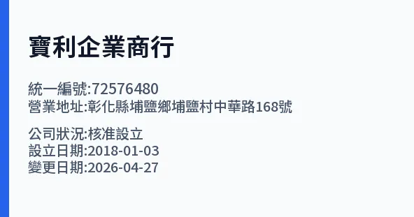 寶利企業商行的照片-統編 72576480(彰化縣) 公司登記資料與營業項目詳細圖表