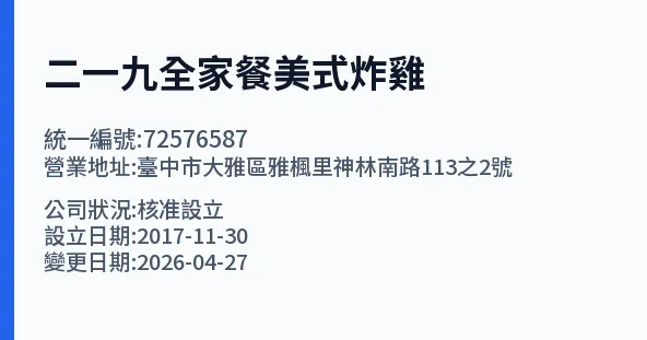 二一九全家餐美式炸雞的照片-統編 72576587(臺中市) 公司登記資料與營業項目詳細圖表