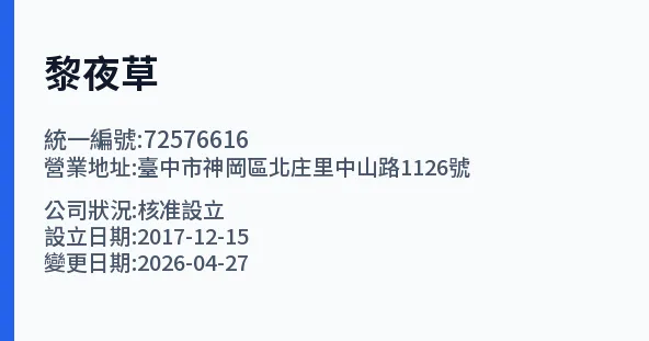 黎夜草的照片-統編 72576616(臺中市) 公司登記資料與營業項目詳細圖表