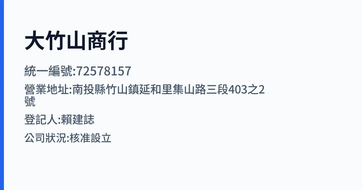 大竹山商行 - 統編 72578157(南投縣) 公司登記資料與營業項目詳細圖表