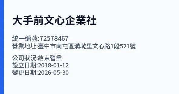 大手前文心企業社的照片-統編 72578467(臺中市) 公司登記資料與營業項目詳細圖表