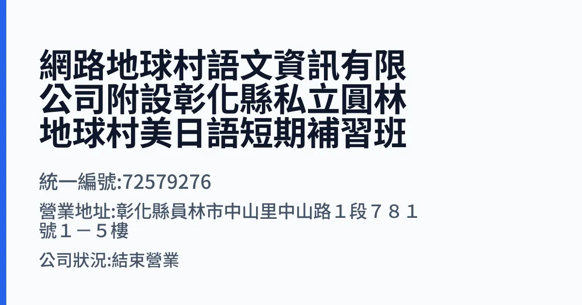 網路地球村語文資訊有限公司附設彰化縣私立圓林地球村美日語短期補習班 - 統編 72579276(彰化縣) 公司登記資料與營業項目詳細圖表