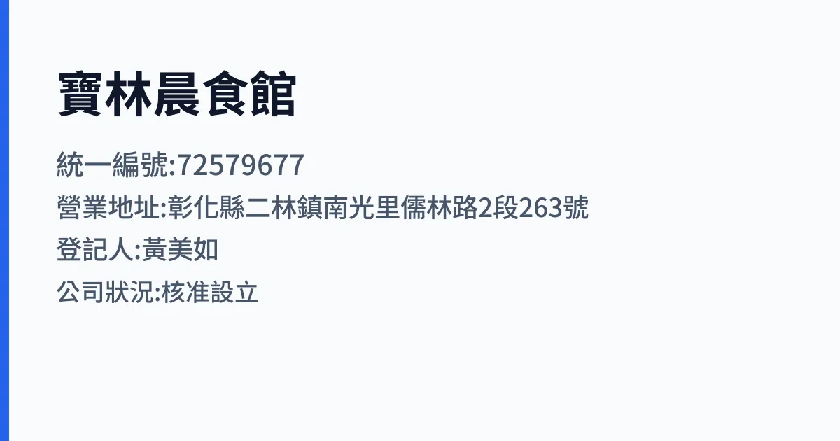 寶林晨食館 - 統編 72579677(彰化縣) 公司登記資料與營業項目詳細圖表