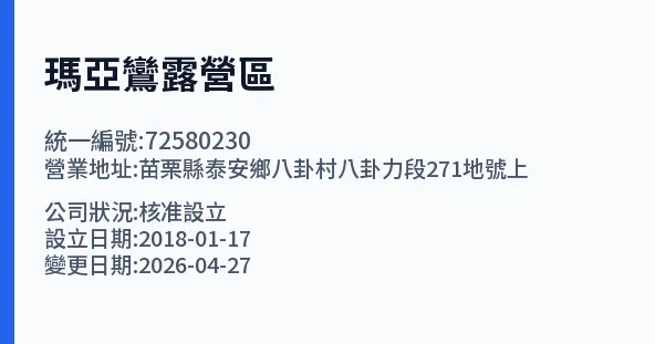 瑪亞鸞露營區的照片-統編 72580230(苗栗縣) 公司登記資料與營業項目詳細圖表