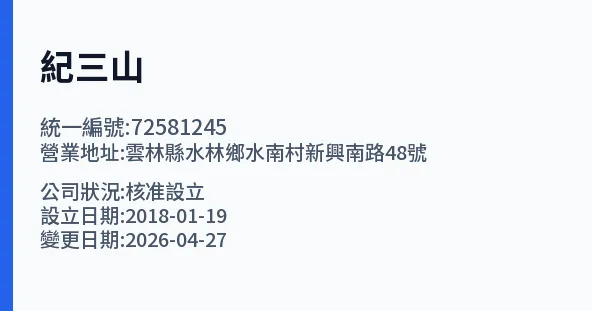 紀三山的照片-統編 72581245(雲林縣) 公司登記資料與營業項目詳細圖表