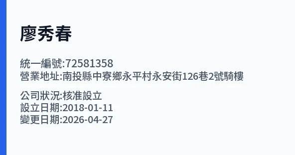 廖秀春的照片-統編 72581358(南投縣) 公司登記資料與營業項目詳細圖表