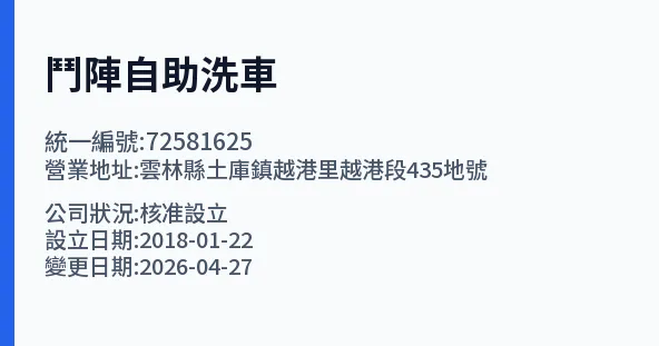 鬥陣自助洗車的照片-統編 72581625(雲林縣) 公司登記資料與營業項目詳細圖表