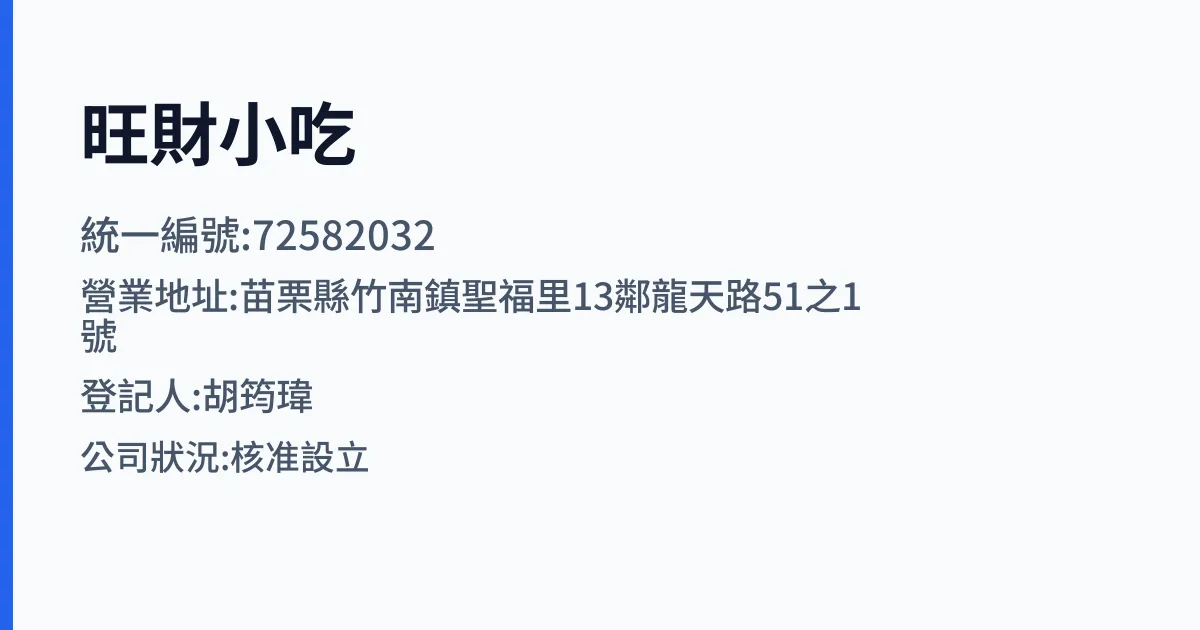 旺財小吃 - 統編 72582032(苗栗縣) 公司登記資料與營業項目詳細圖表