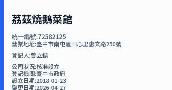 荔茲燒鵝菜館的照片-統編 72582125(臺中市) 公司登記資料與營業項目詳細圖表