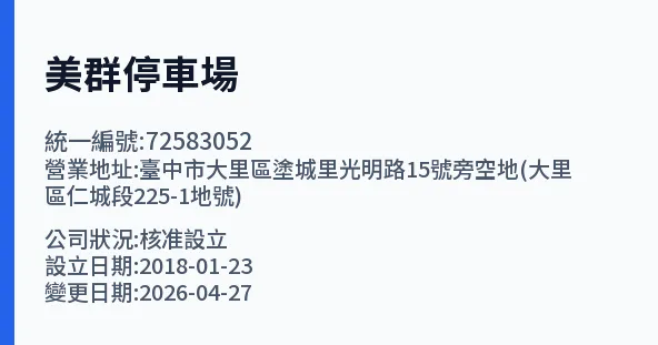 美群停車場的照片-統編 72583052(臺中市) 公司登記資料與營業項目詳細圖表