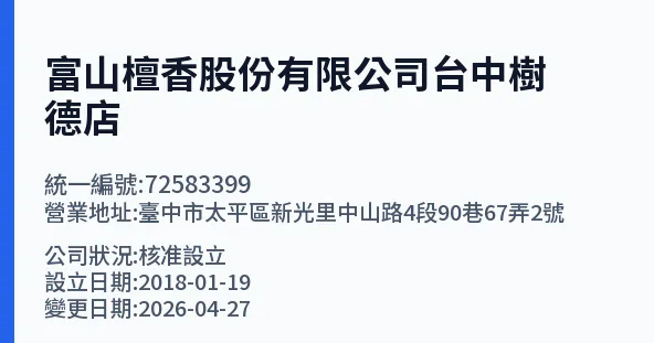 富山檀香股份有限公司台中樹德店的照片-統編 72583399(臺中市) 公司登記資料與營業項目詳細圖表
