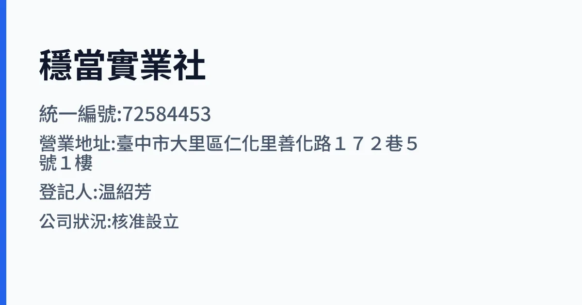 穩當實業社 - 統編 72584453(臺中市) 公司登記資料與營業項目詳細圖表