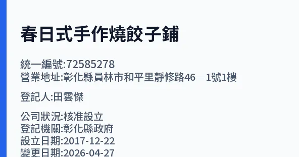 春日式手作燒餃子鋪的照片-統編 72585278(彰化縣) 公司登記資料與營業項目詳細圖表