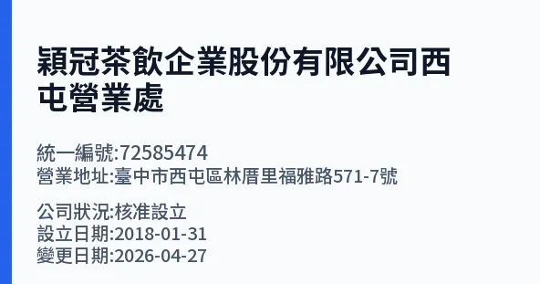 穎冠茶飲企業股份有限公司西屯營業處的照片-統編 72585474(臺中市) 公司登記資料與營業項目詳細圖表