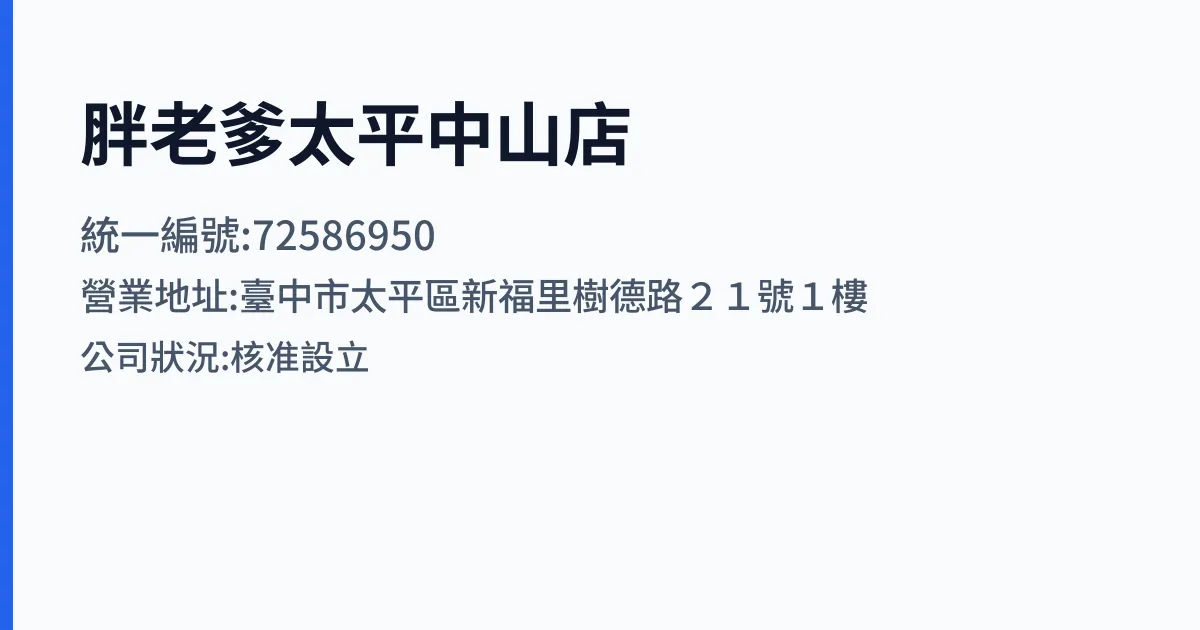 胖老爹太平中山店 - 統編 72586950(臺中市) 公司登記資料與營業項目詳細圖表