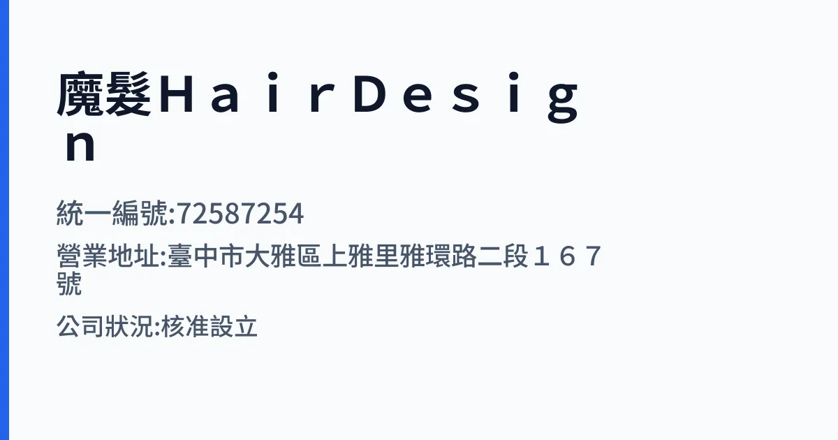 魔髮ＨａｉｒＤｅｓｉｇｎ - 統編 72587254（臺中市） 公司登記資料與營業項目詳細圖表