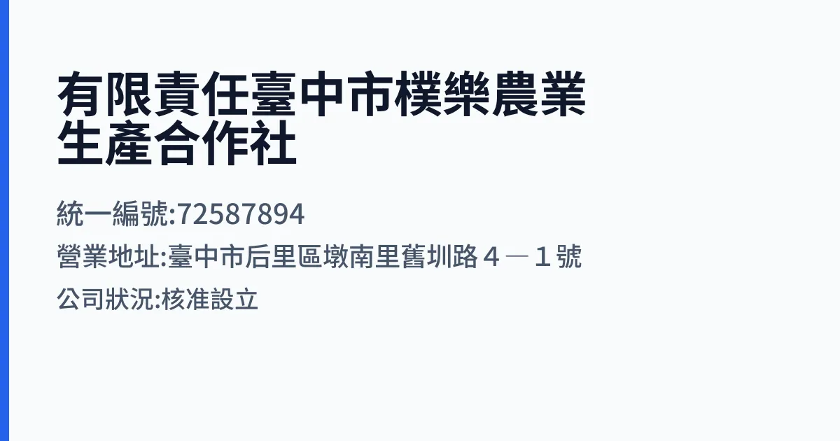 有限責任臺中市樸樂農業生產合作社 - 統編 72587894(臺中市) 公司登記資料與營業項目詳細圖表