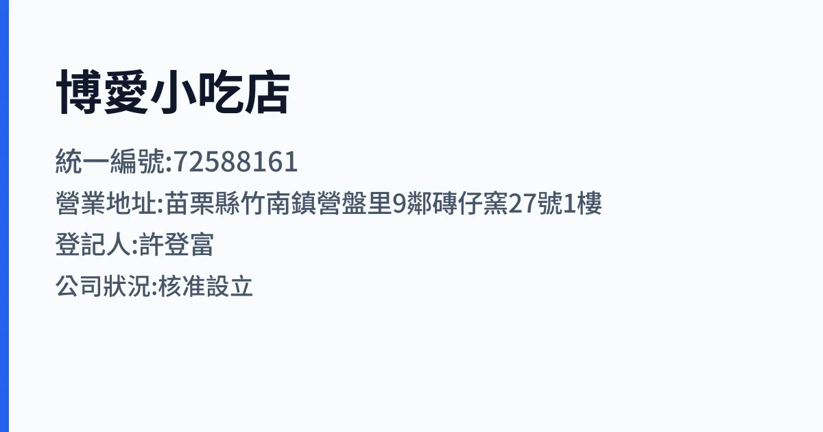 博愛小吃店 - 統編 72588161(苗栗縣) 公司登記資料與營業項目詳細圖表