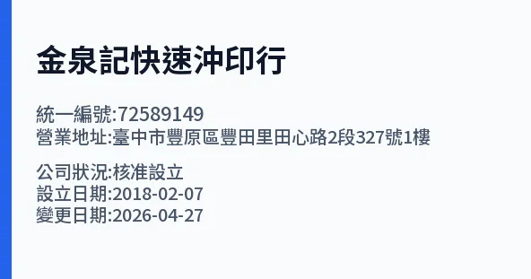 金泉記快速沖印行的照片-統編 72589149(臺中市) 公司登記資料與營業項目詳細圖表