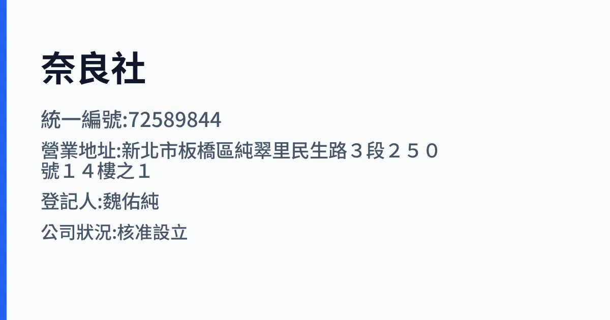 奈良社 - 統編 72589844(新北市) 公司登記資料與營業項目詳細圖表