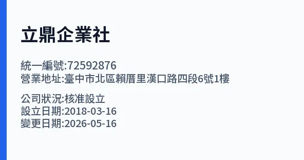 立鼎企業社的照片-統編 72592876(臺中市) 公司登記資料與營業項目詳細圖表