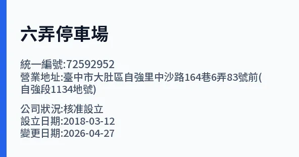 六弄停車場的照片-統編 72592952(臺中市) 公司登記資料與營業項目詳細圖表