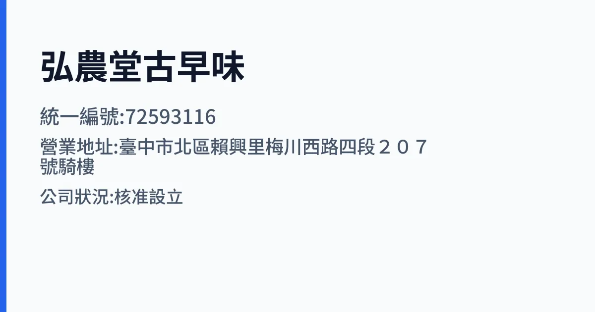 弘農堂古早味 - 統編 72593116(臺中市) 公司登記資料與營業項目詳細圖表