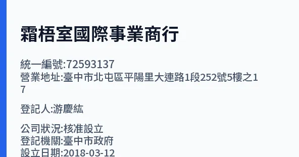霜梧室國際事業商行的照片-統編 72593137(臺中市) 公司登記資料與營業項目詳細圖表